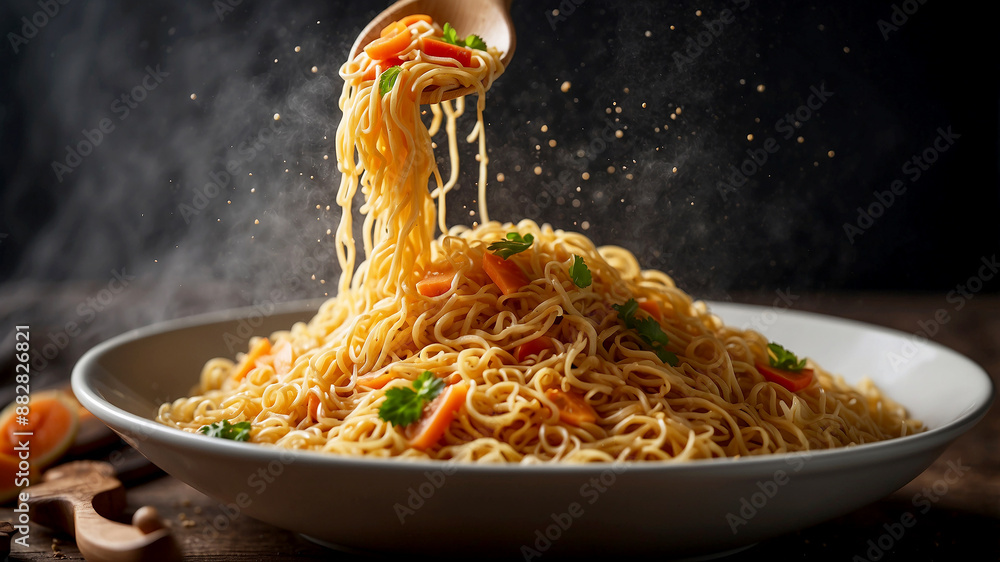 seasoning powder being sprinkled over cooked instant noodles, the ...