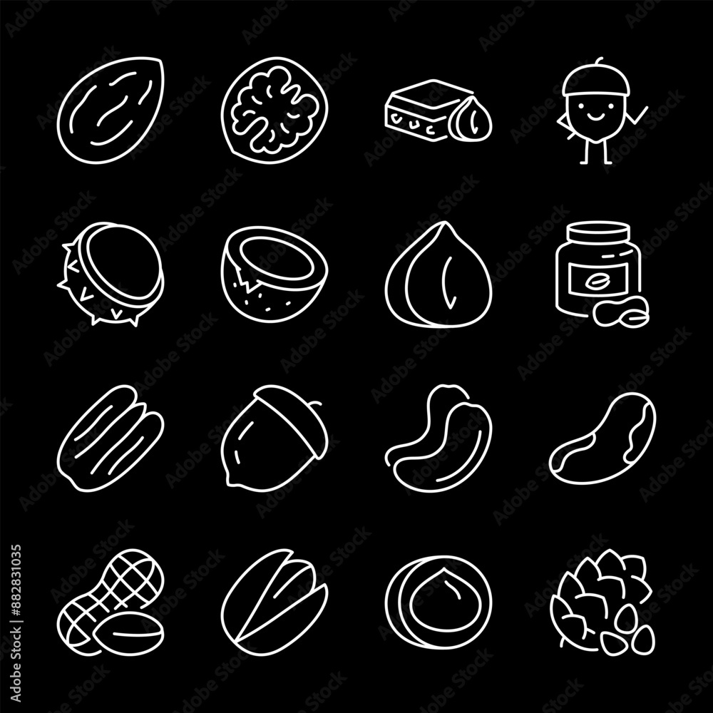 Nuts, white line icons. Collection of various nut products. Perfect for ...