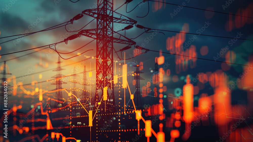 A dynamic stock market graph with energy symbols and electricity ...