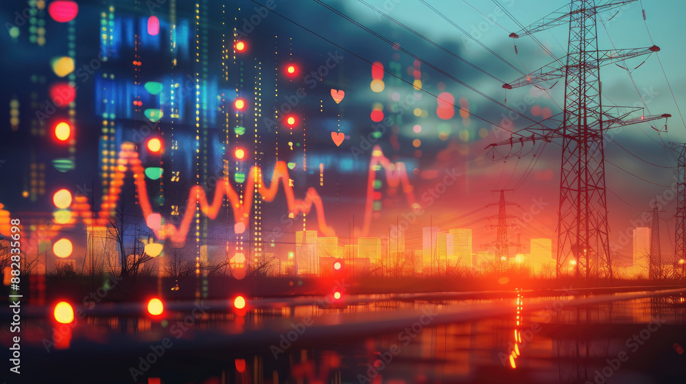 A dynamic stock market graph with energy symbols and electricity ...