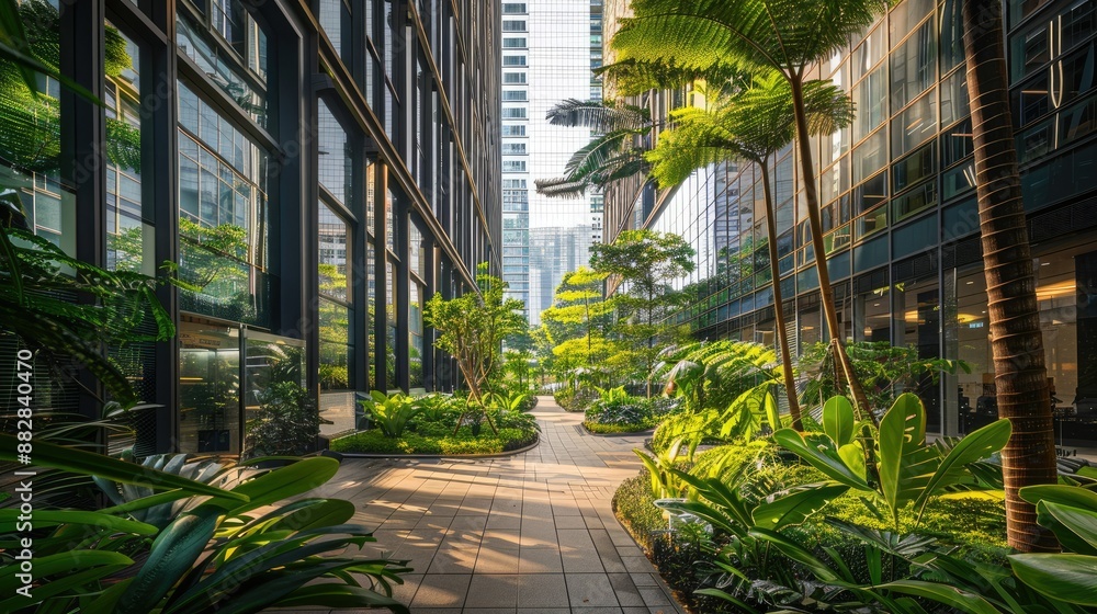 Skyscrapers in an office area with greenery and open spaces ...