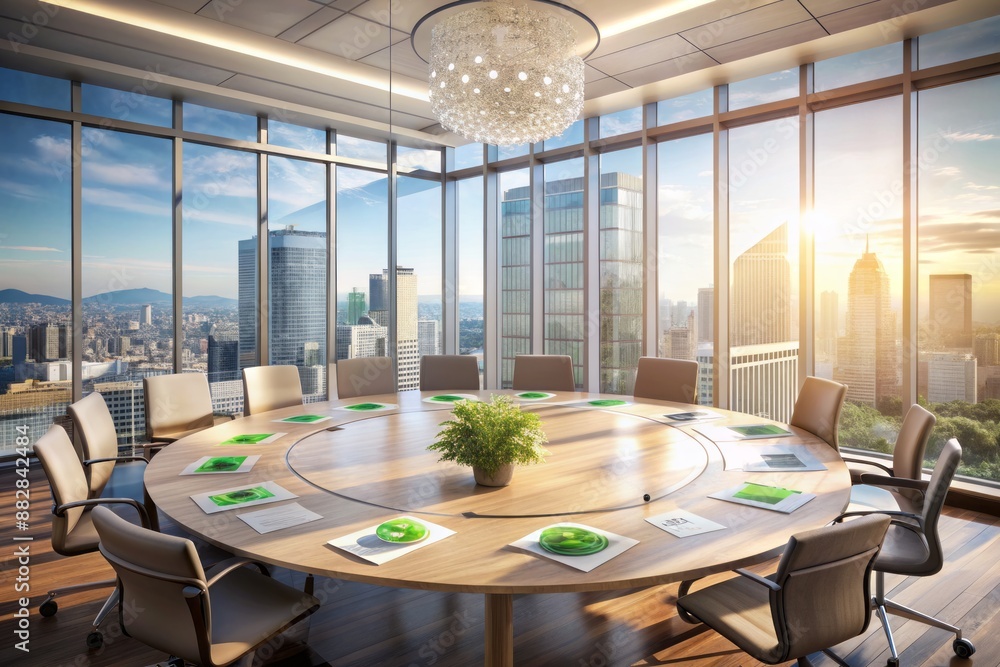 Empty office conference room with circular economy project plans and ...