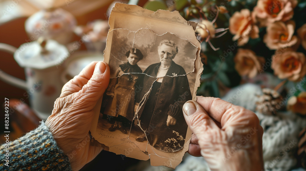 A close shot shows hands holding a torn family photo, full of sadness ...