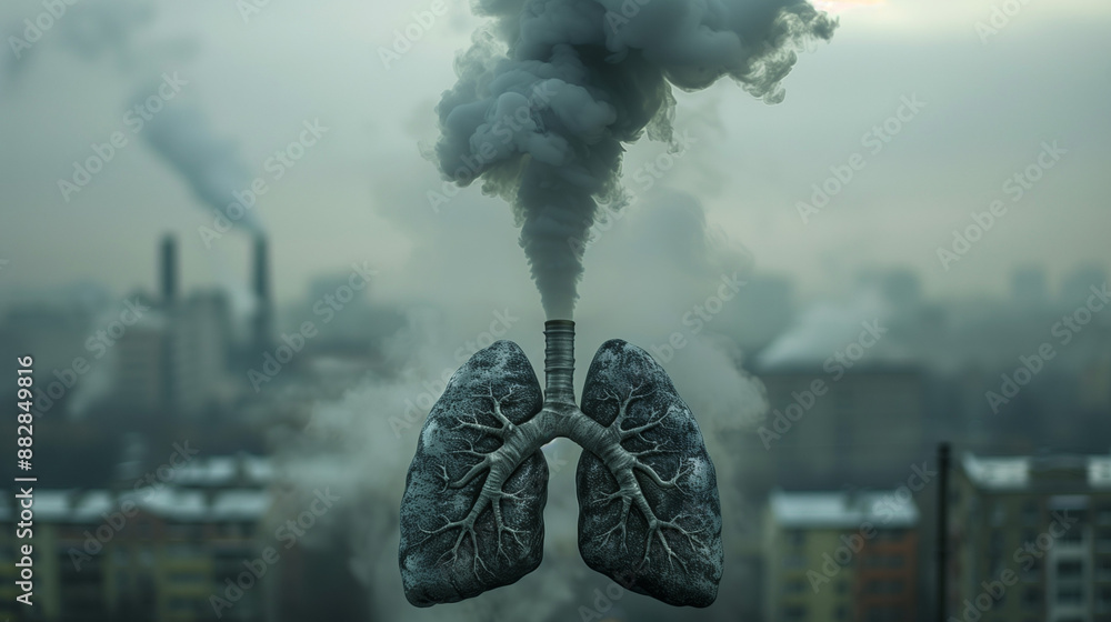 Smoke coming out of chimneys and human lungs: air pollution concept ...