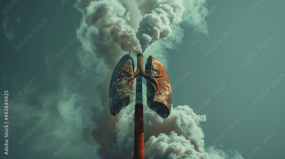 Smoke coming out of chimneys and human lungs: air pollution concept ...
