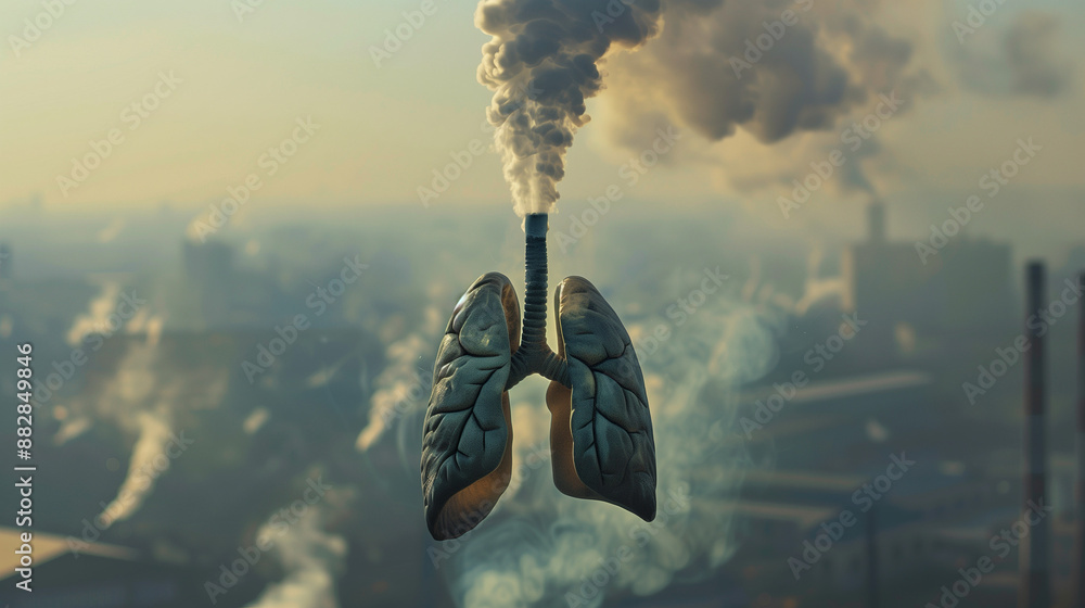 Smoke coming out of chimneys and human lungs: air pollution concept ...