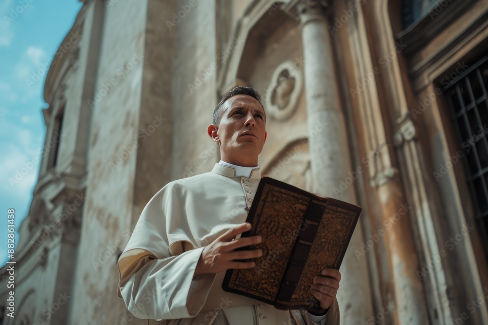 Christian Pastor with Bible at Historic Church Entrance Stock Photo ...