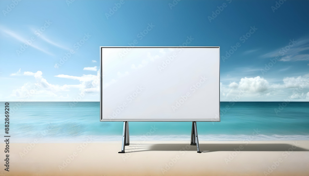 Empty white sign board beach scene featuring a large blank billboard ...