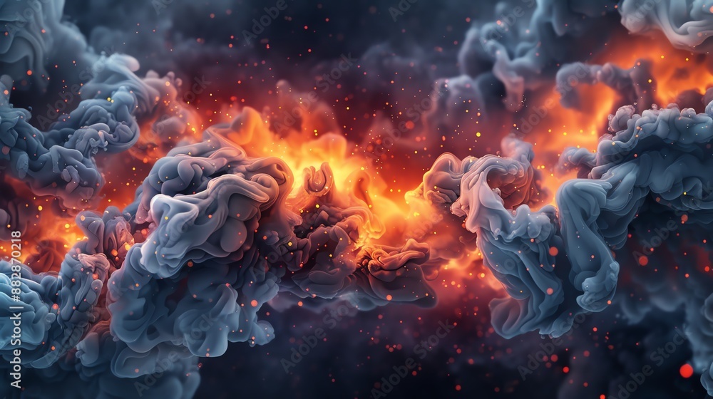 A vibrant display of orange flames and gray smoke, presenting a dynamic ...
