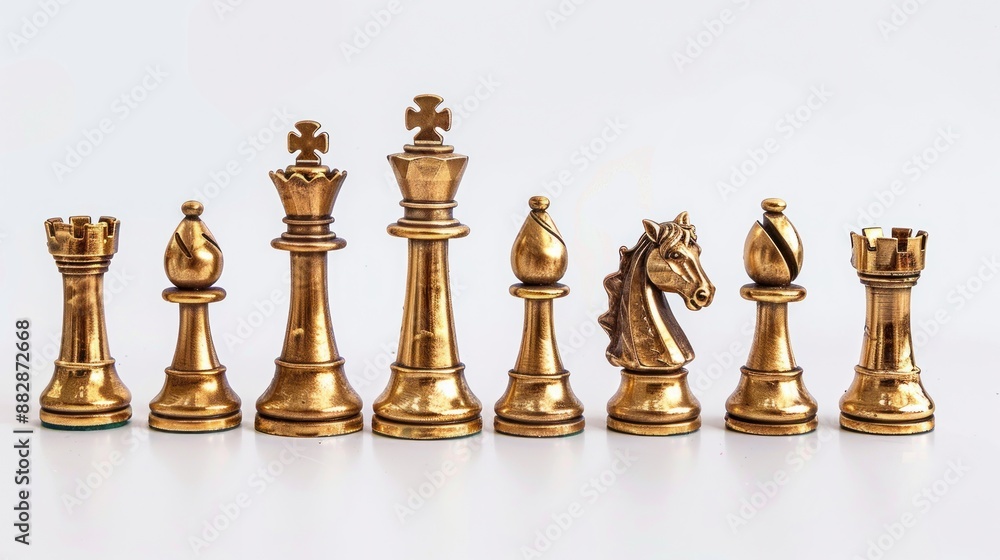 Set of gold chess pieces on a white background, symbolizing strategy ...