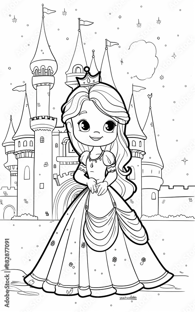 Cute cartoon style simple coloring page of princess, with beautiful ...