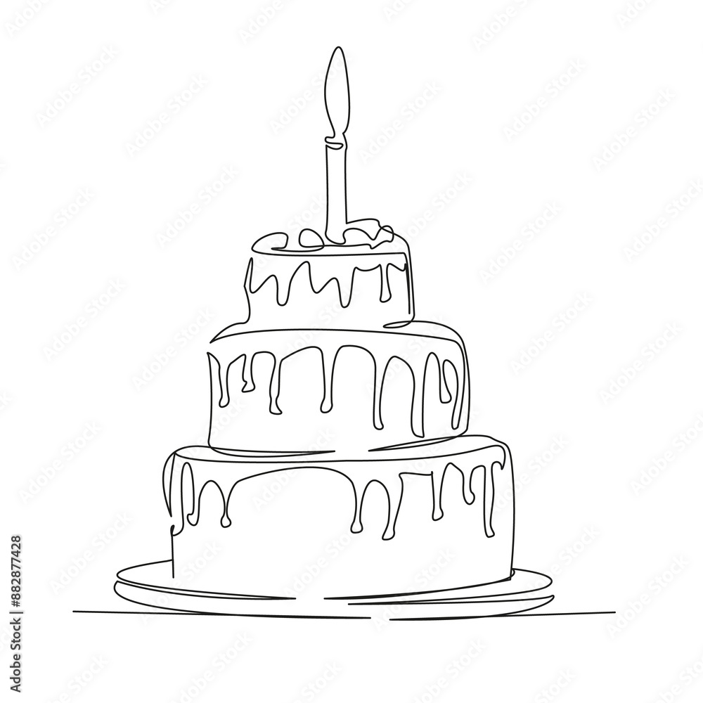 One continuous single drawing line art flat doodle cake with a candle ...