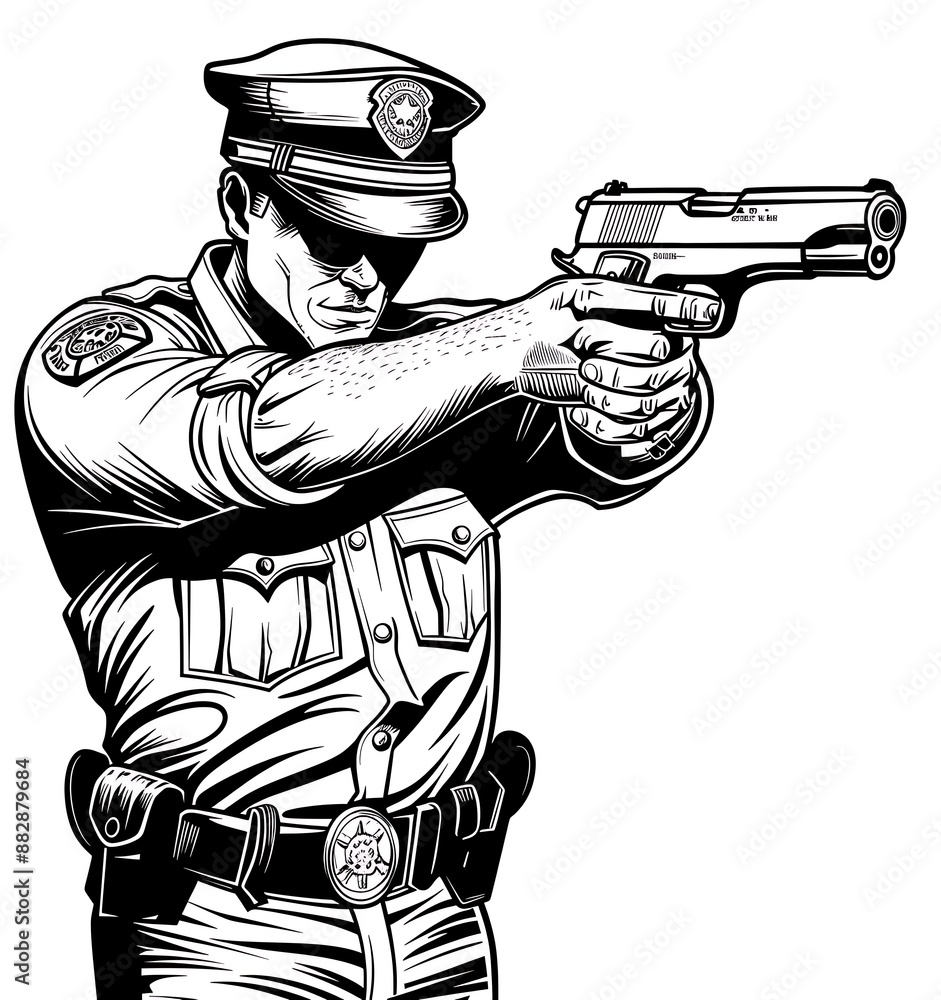 Cgly cartoon police officer shooting with his gun, vector illustration ...