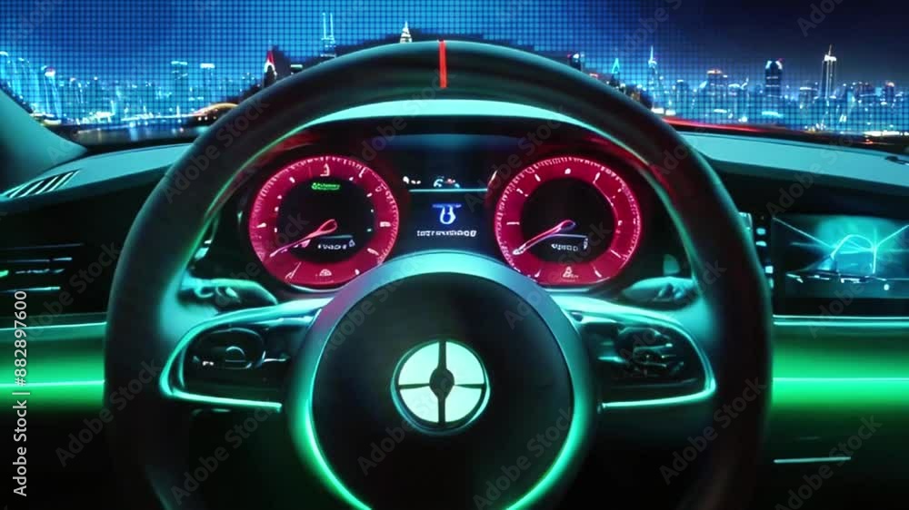 A car's night-time interior with a glowing city skyline through the ...