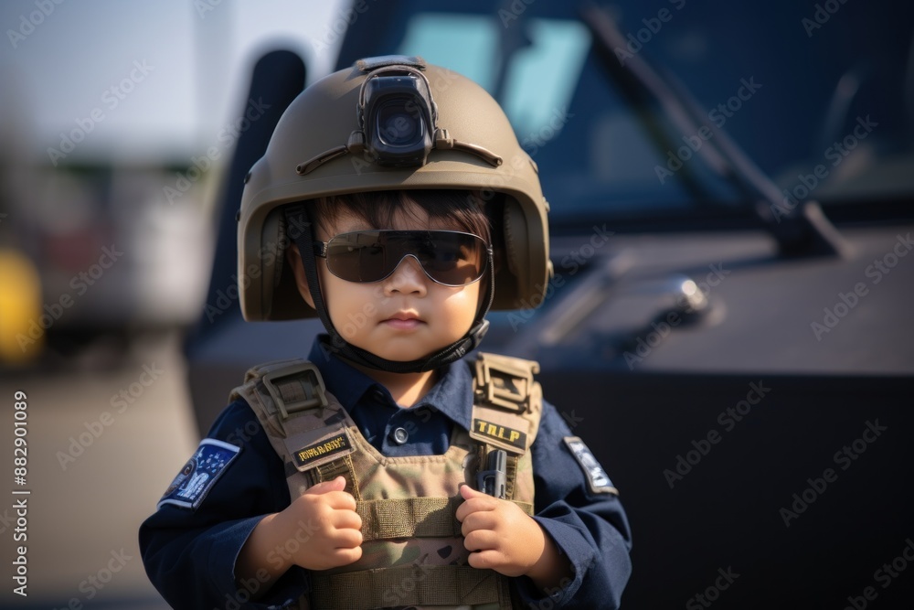 Little boy dressed as a pilot in a military uniform and helmet. Cute ...