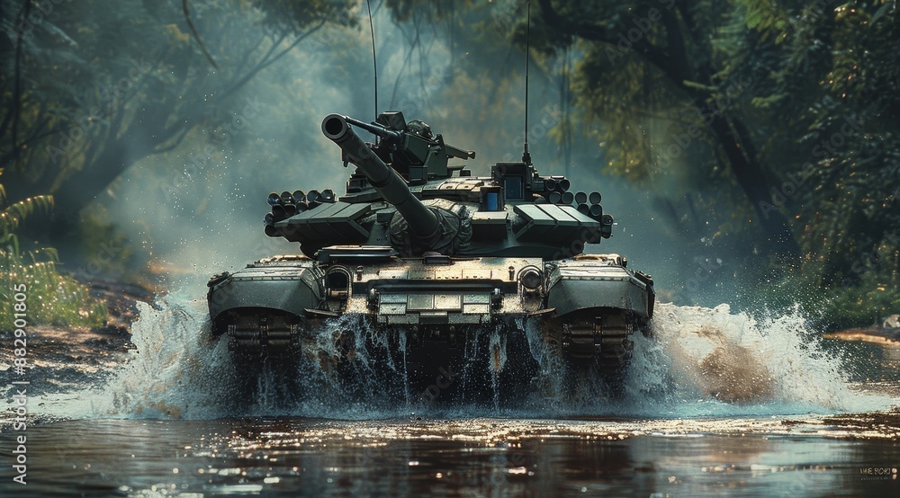 A main battle tank is going through the river. The tank has an army ...