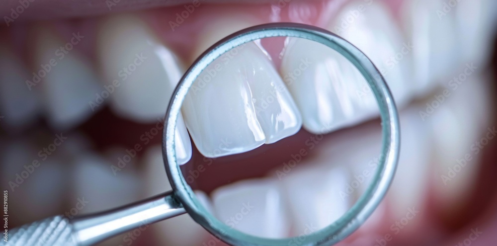 A magnifying glass focuses on a set of healthy teeth, highlighting ...