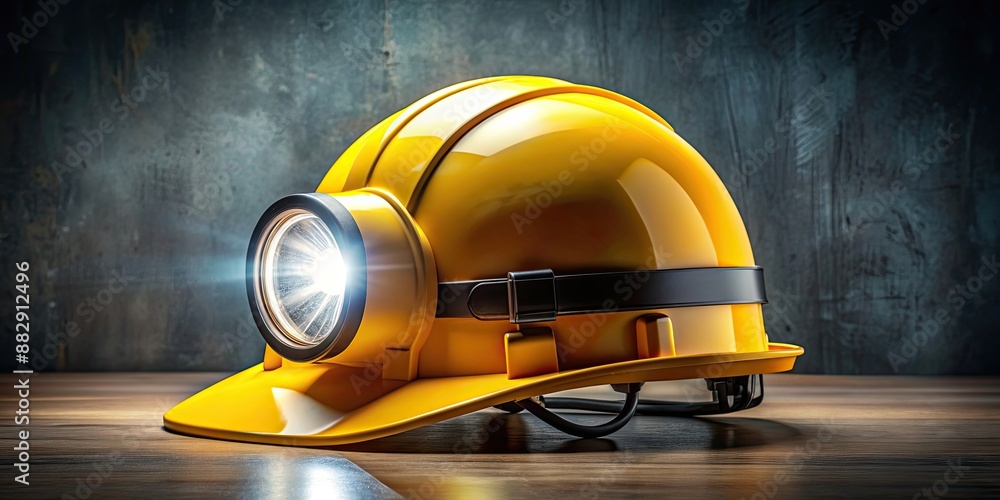 Bright yellow miner's helmet with lamp glowing in soft light, mining ...