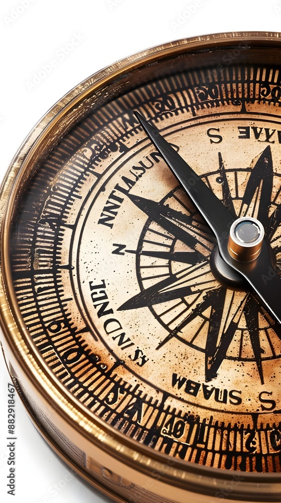 Antique brass compass with a black needle pointing north, intricate ...