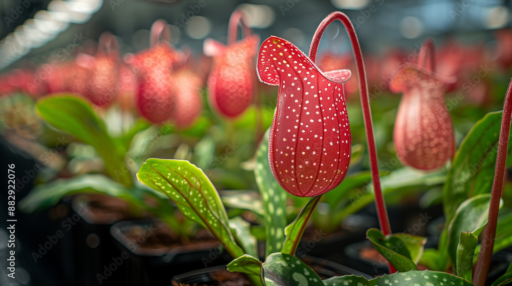 Vibrant red pitcher plants with white spots growing in greenhouse ...