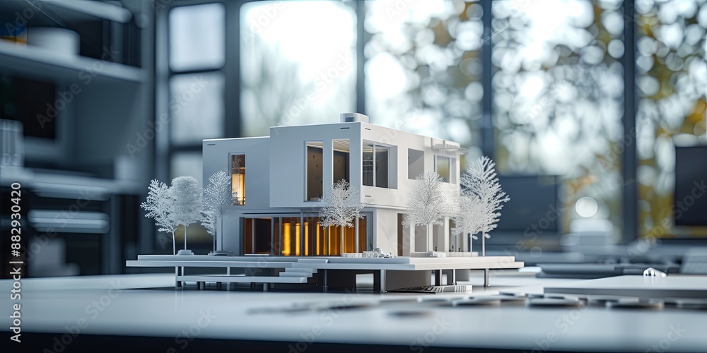 Cardboard model of residential building on table in architectural ...