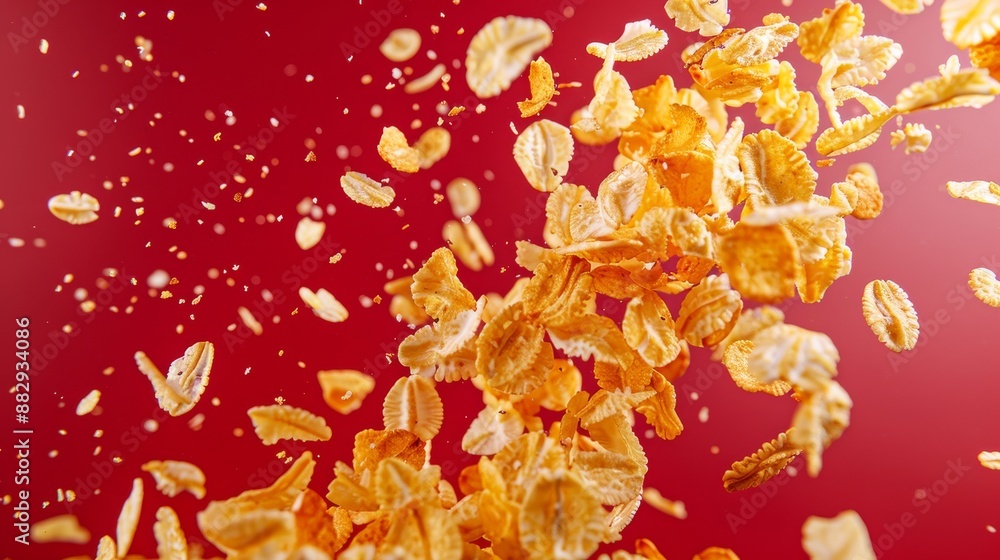 red background, corn flakes can be seen falling from above. The dark ...