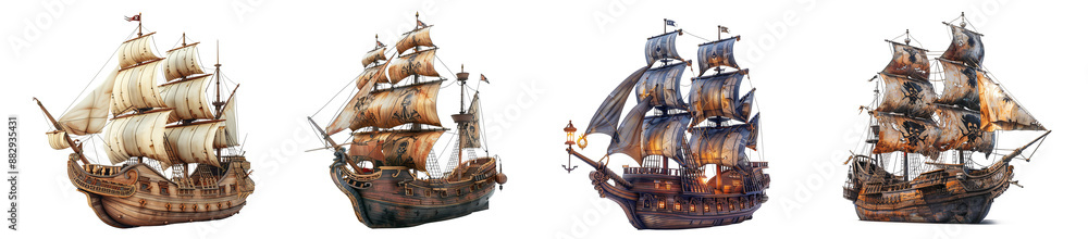 Poster Detailed 3D model of pirate ships with sails maritime adventure ...