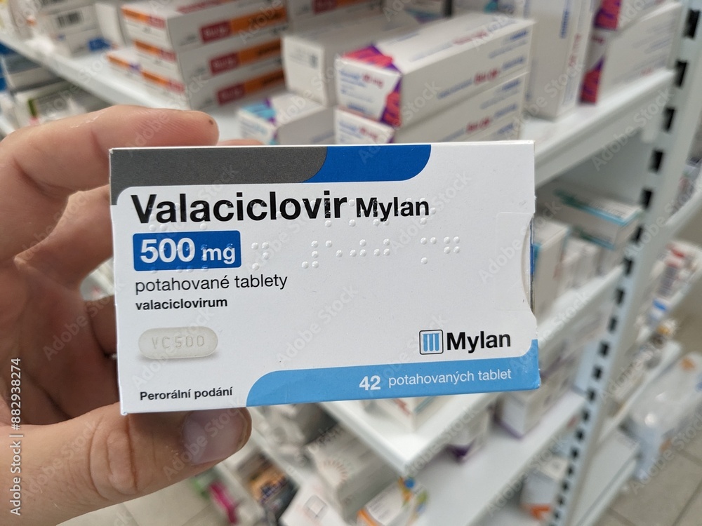 Prague, Czech Republic - July 10 2024: VALACICLOVIR MYLAN box of ...