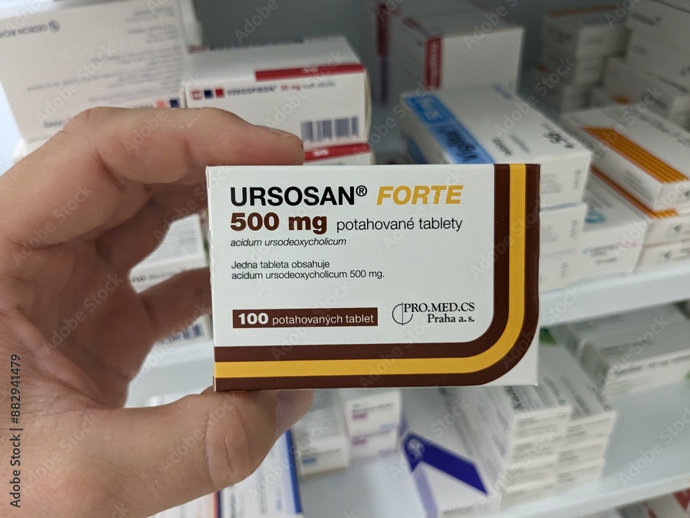 Prague, Czech Republic - July 10 2024: URSOSAN FORTE box of medication with URSODEOXYCHOLIC ACID ...