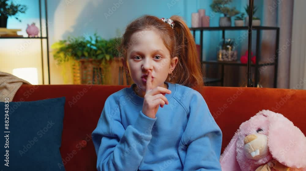 Shh be quiet please. Preteen child girl presses index finger to lips ...