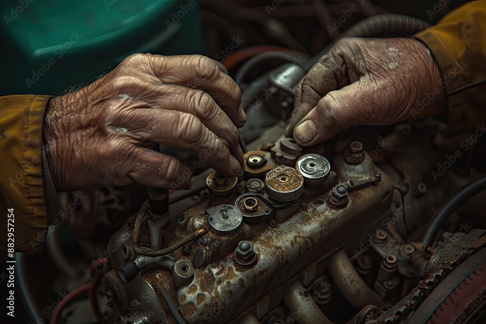 Greasy hands working on machinery Grease-stained hands meticulously ...