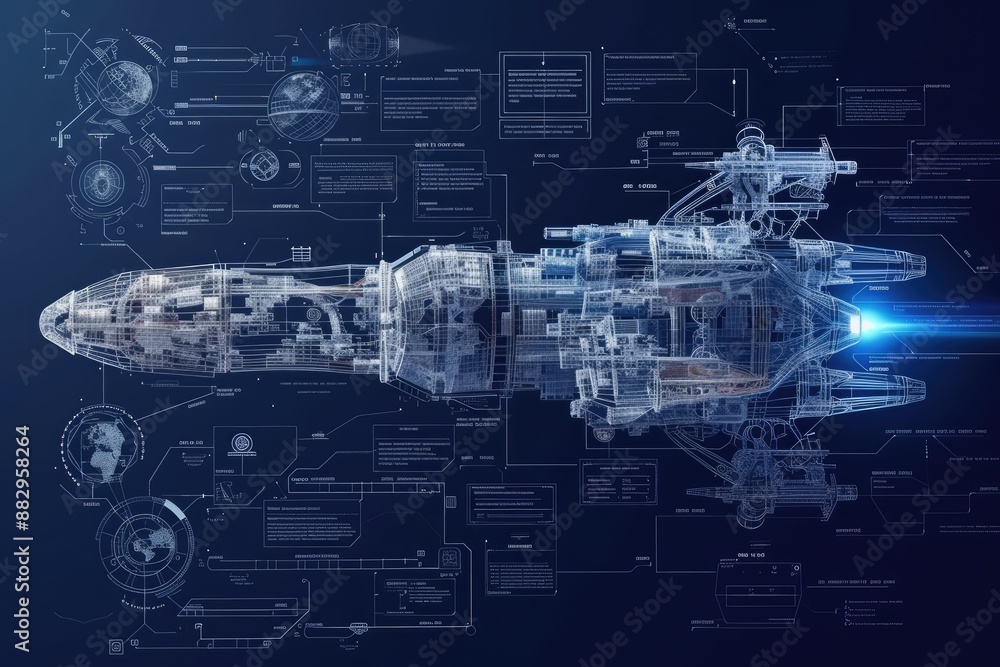 Futuristic spacecraft schematic overlay blueprints ignited engines ...