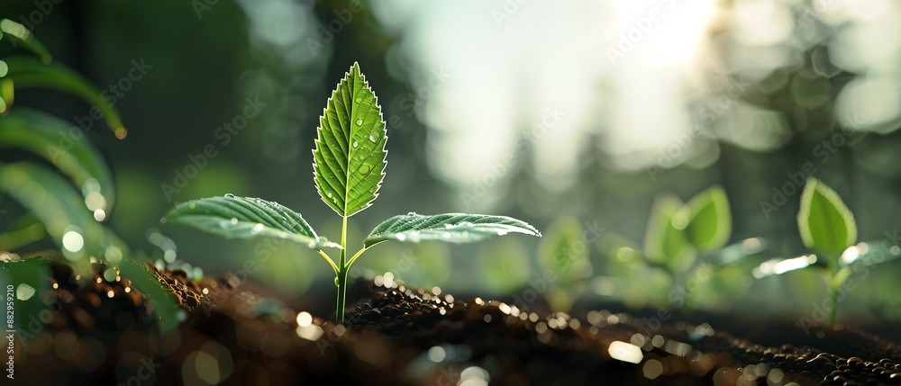 A forest reforestation project, saplings being planted, diverse species ...