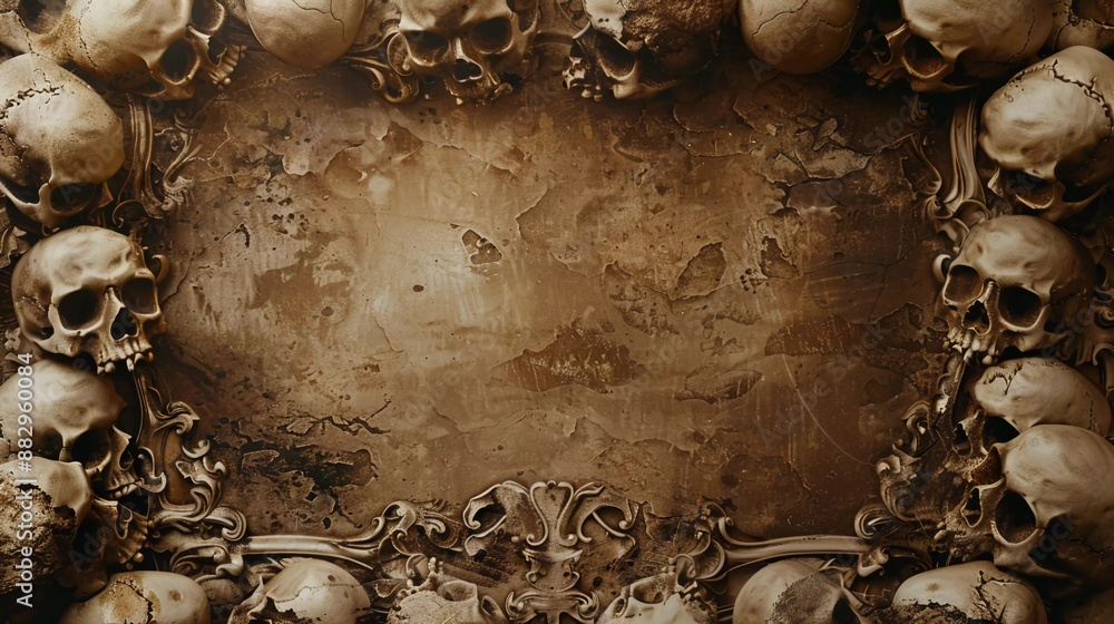Human skull frame: Grunge Halloween texture with bones and skulls ...