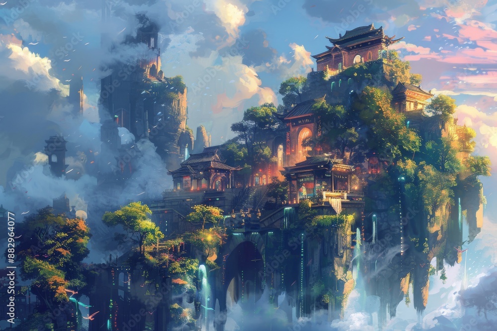 Mystical floating Chinese palace in the sky with vibrant colors and ...