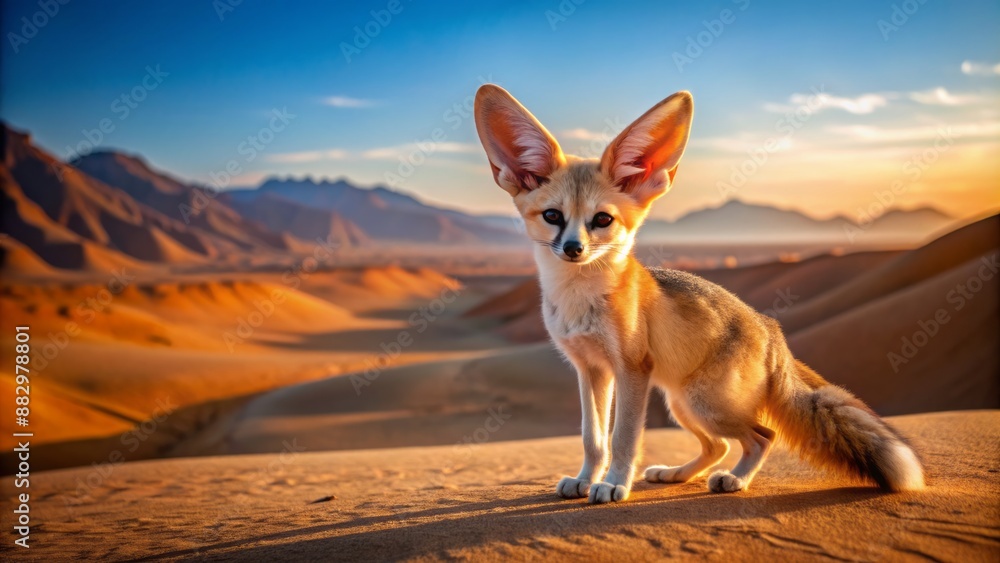 Adorable fennec fox stands upright on hind legs, gazing out at vast ...