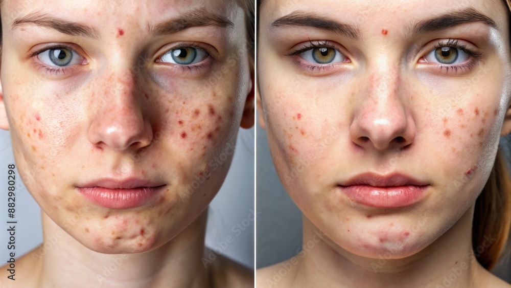 Macro comparison of skin surface showcasing drastic reduction in acne ...