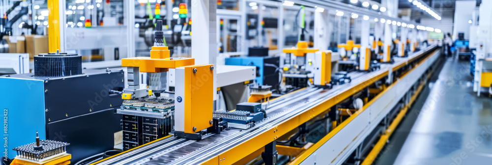 An electronics assembly line with soldering stations and circuit board ...