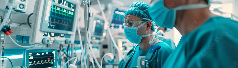 Nurses using portable health monitoring systems, checking patient ...