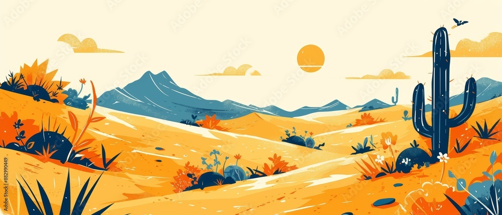 Cute cartoon landscape with rolling sand dunes, desert plants and sun ...