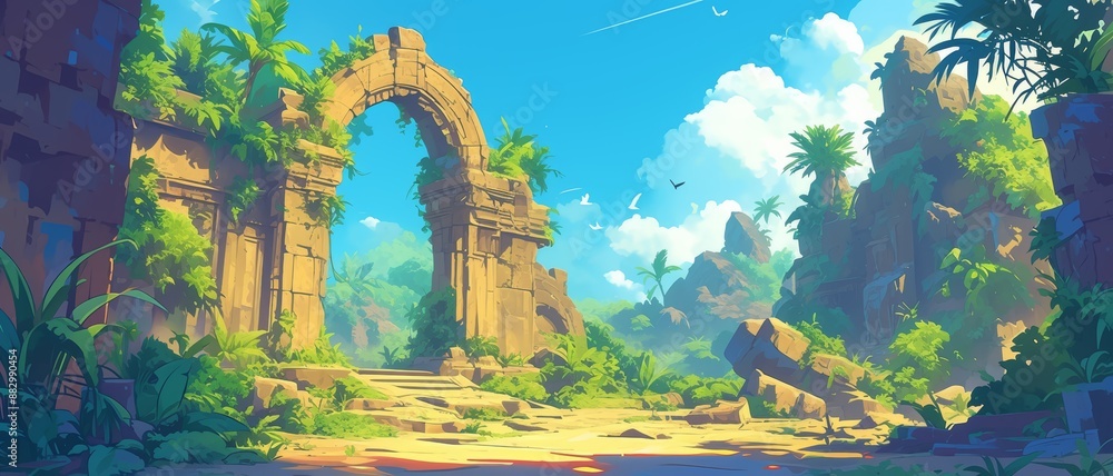 Cute cartoon landscape with an overgrown ancient ruin, vines and jungle ...