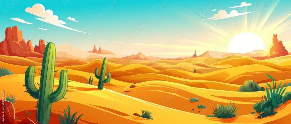 Cute cartoon landscape with rolling sand dunes, desert plants and sun ...