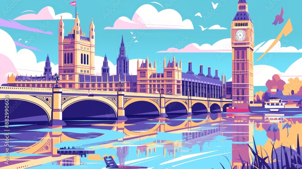 ภาพประกอบสต็อก Cute cartoon landscape of the iconic Big Ben clock tower ...