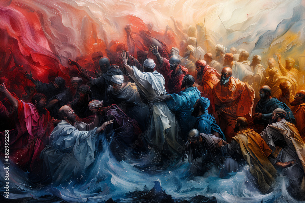 It is a scene from the Bible. Moses cuts the Red Sea and the people ...