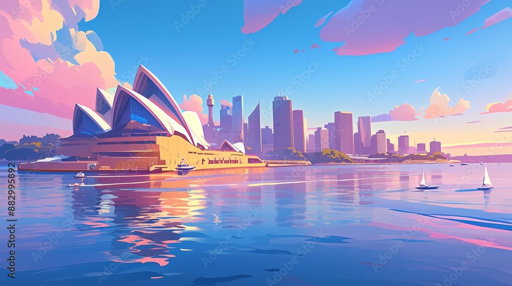 Cute cartoon landscape of the Sydney Opera House sailboat silhouettes ...