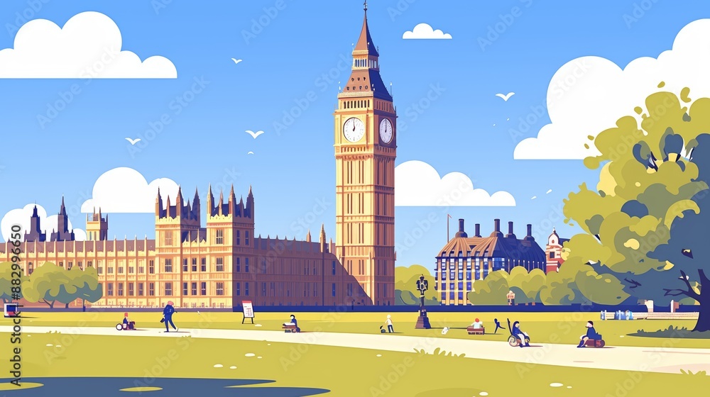 Cute cartoon landscape of the iconic Big Ben clock tower in London ...