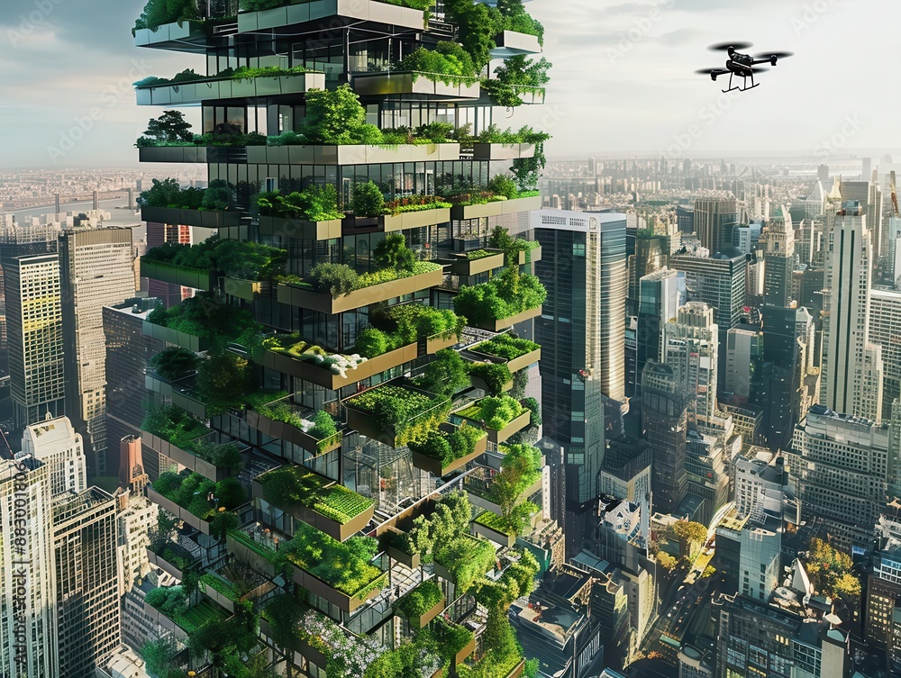 ภาพประกอบสต็อก futuristic vertical farm in a megacity transparent ...