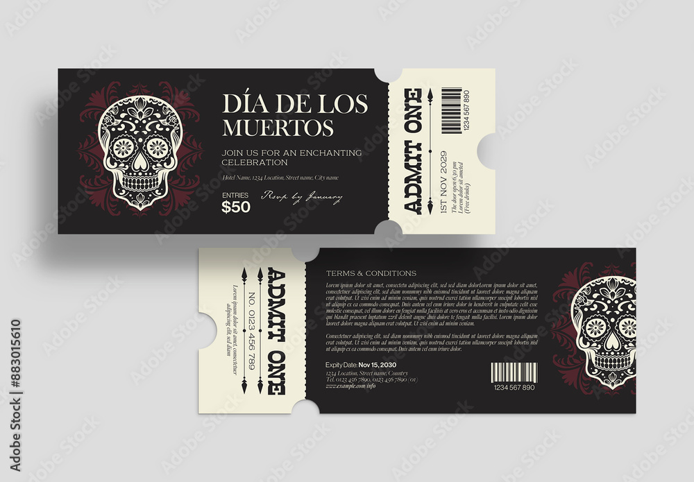 Day of the Dead Event Ticket Template for Dia De Los Muertos or Mexican ...