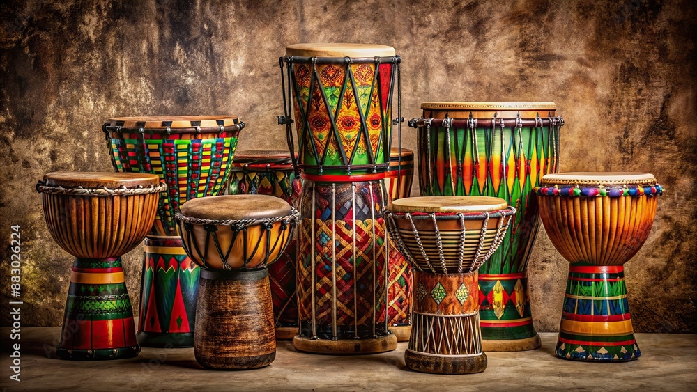 Vibrant collection of assorted drums adorned with colorful Kwanzaa ...