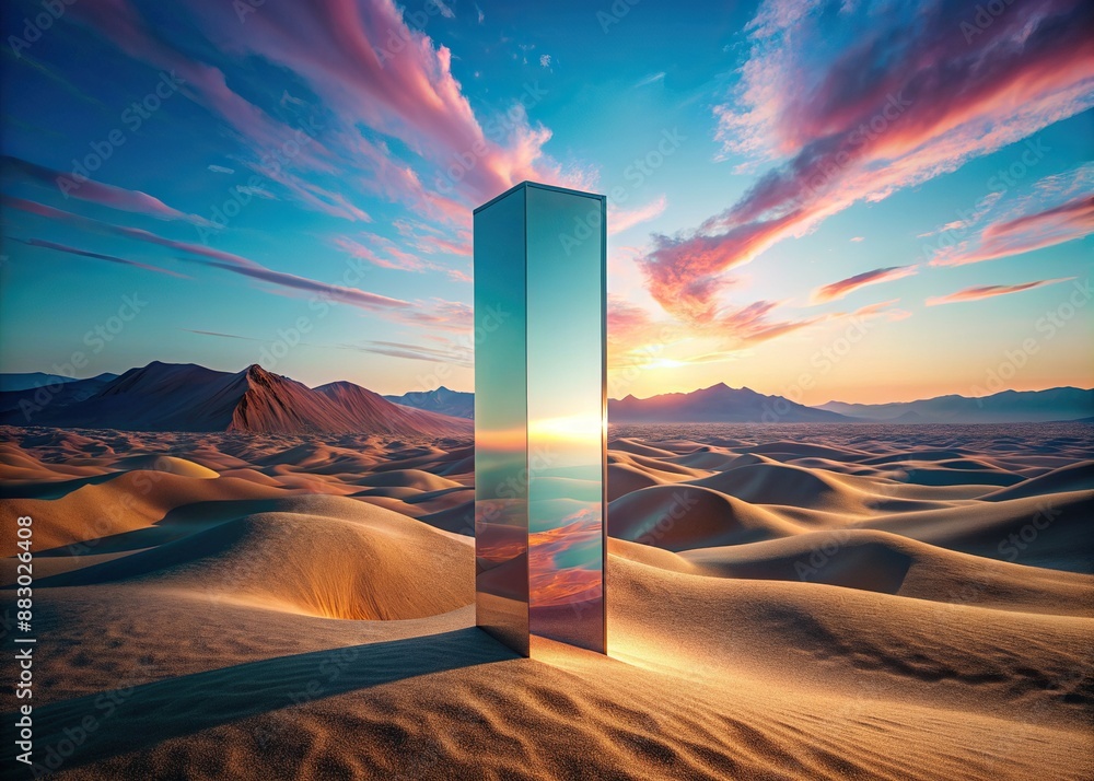 mirror monolith standing in the desert, rectangle shape mirror desert ...